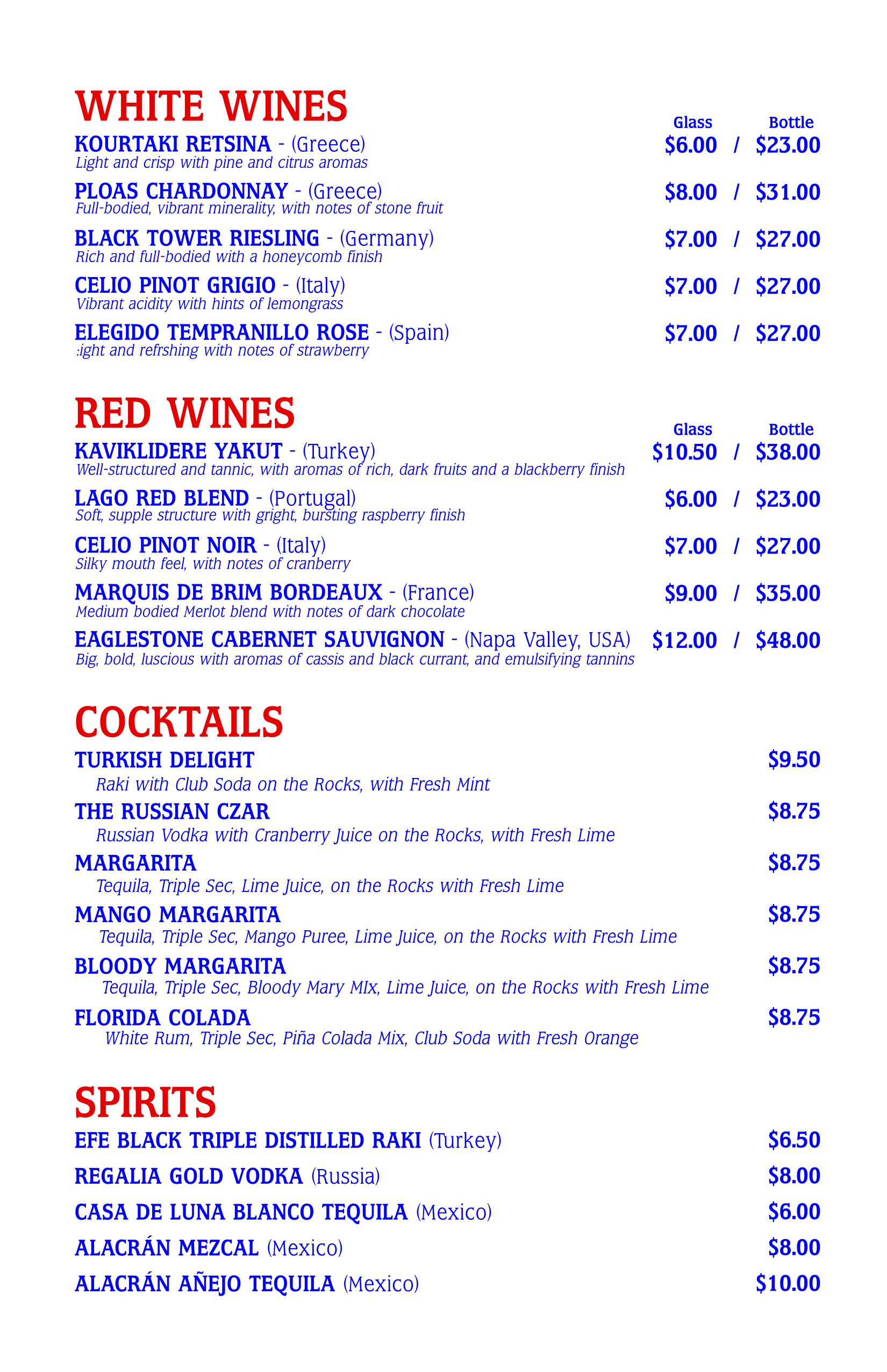 Beer, Wine & Cocktails Menu - Istanbul