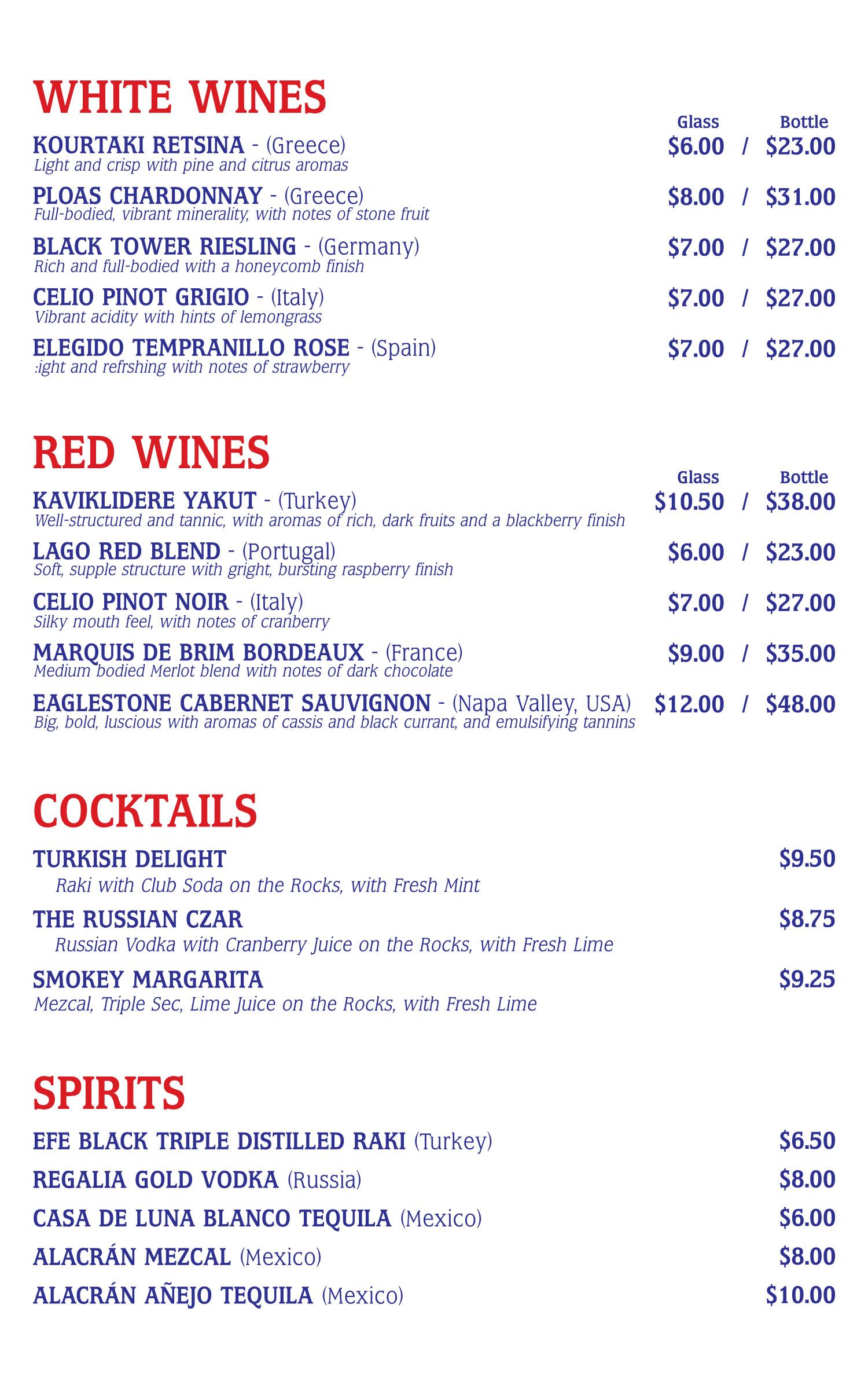 Beer, Wine & Cocktails Menu - Istanbul