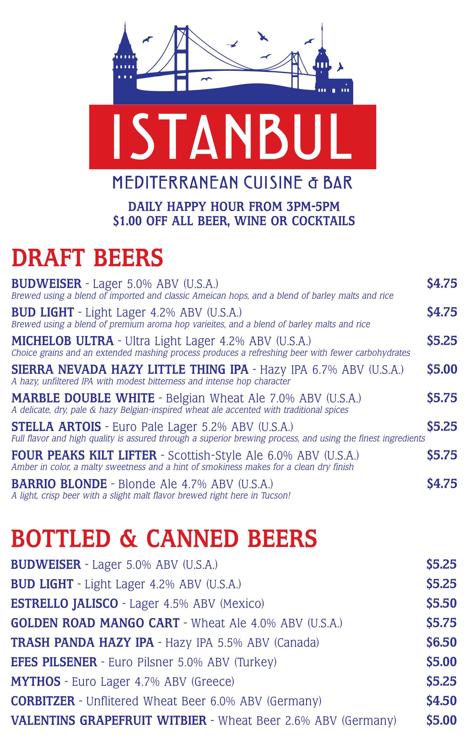 Beer, Wine & Cocktails Menu - Istanbul